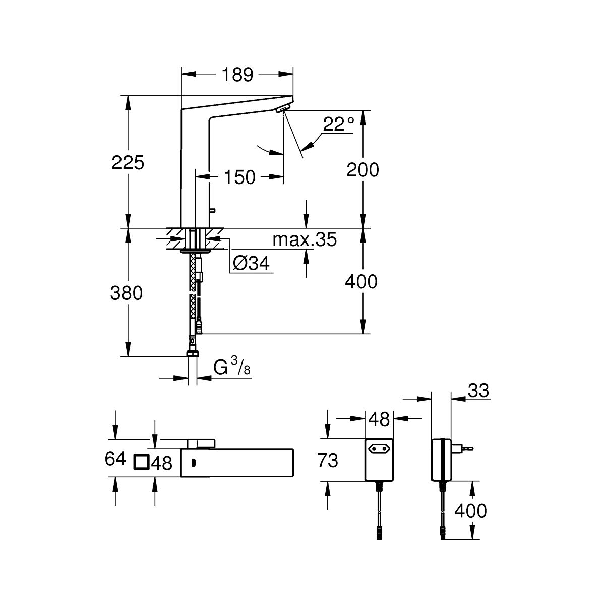 Grohe Eurocube rubinetto per lavabo verticale elettronico StarLight ...